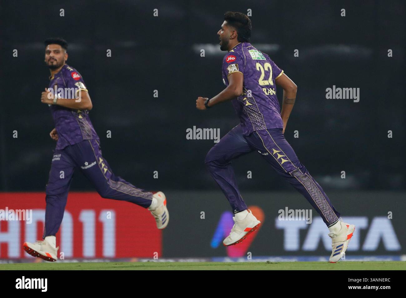 Kolkata Knight Riders' Harshit Rana, right, celebrates the dismissal of ...