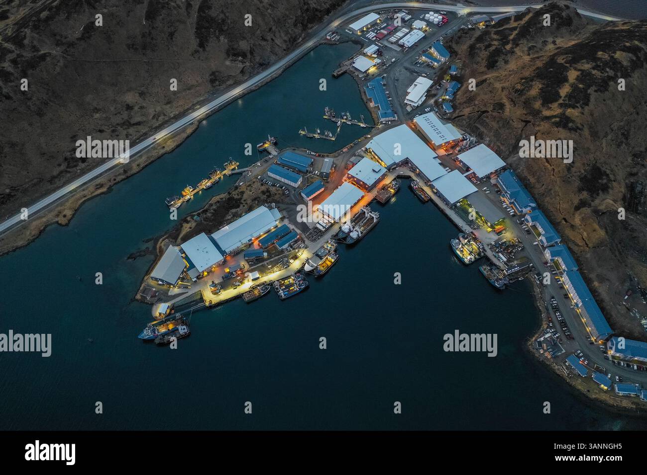 Aerial view of Dutch Harbour at sunset on Amaknak Island in Unalaska ...