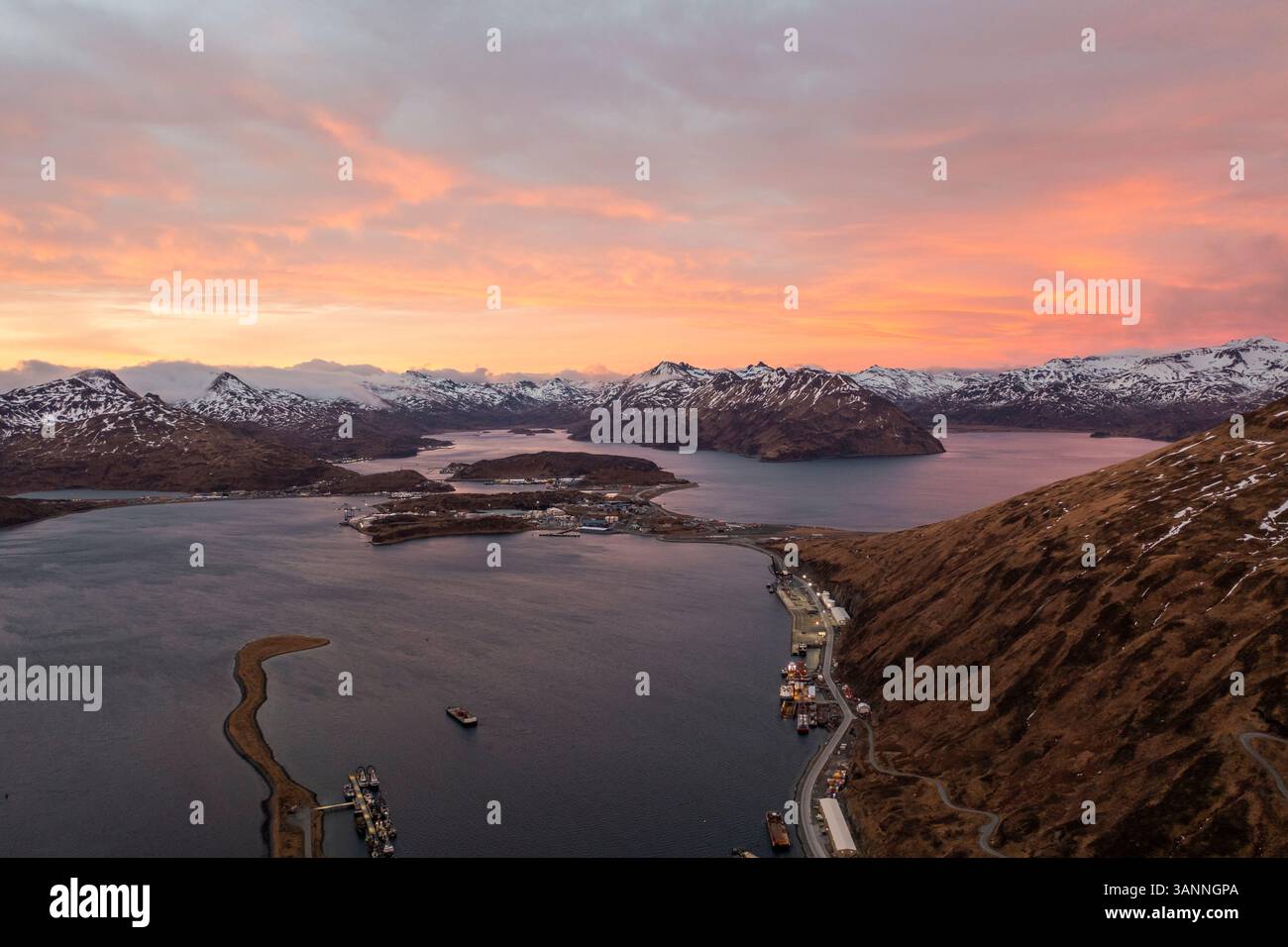 Aerial view of Dutch Harbour at sunset on Amaknak Island in Unalaska ...