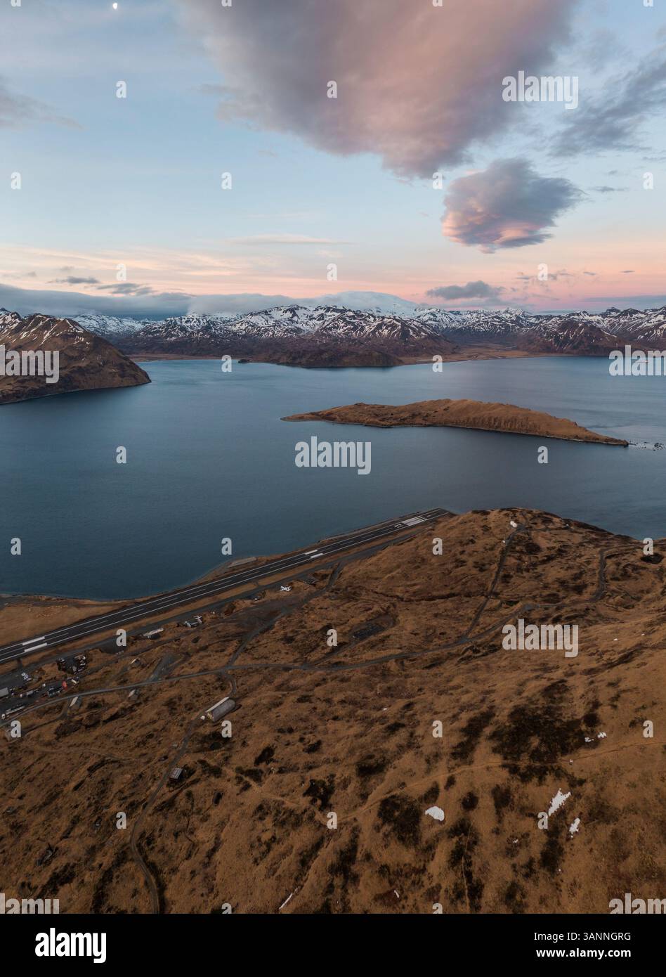 Aerial view of the airport along the coast at Dutch Harbour on Amaknak ...