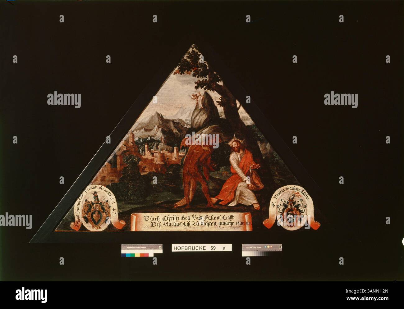 The painting depicts Christ's temptation by Satan in the wilderness. It ...