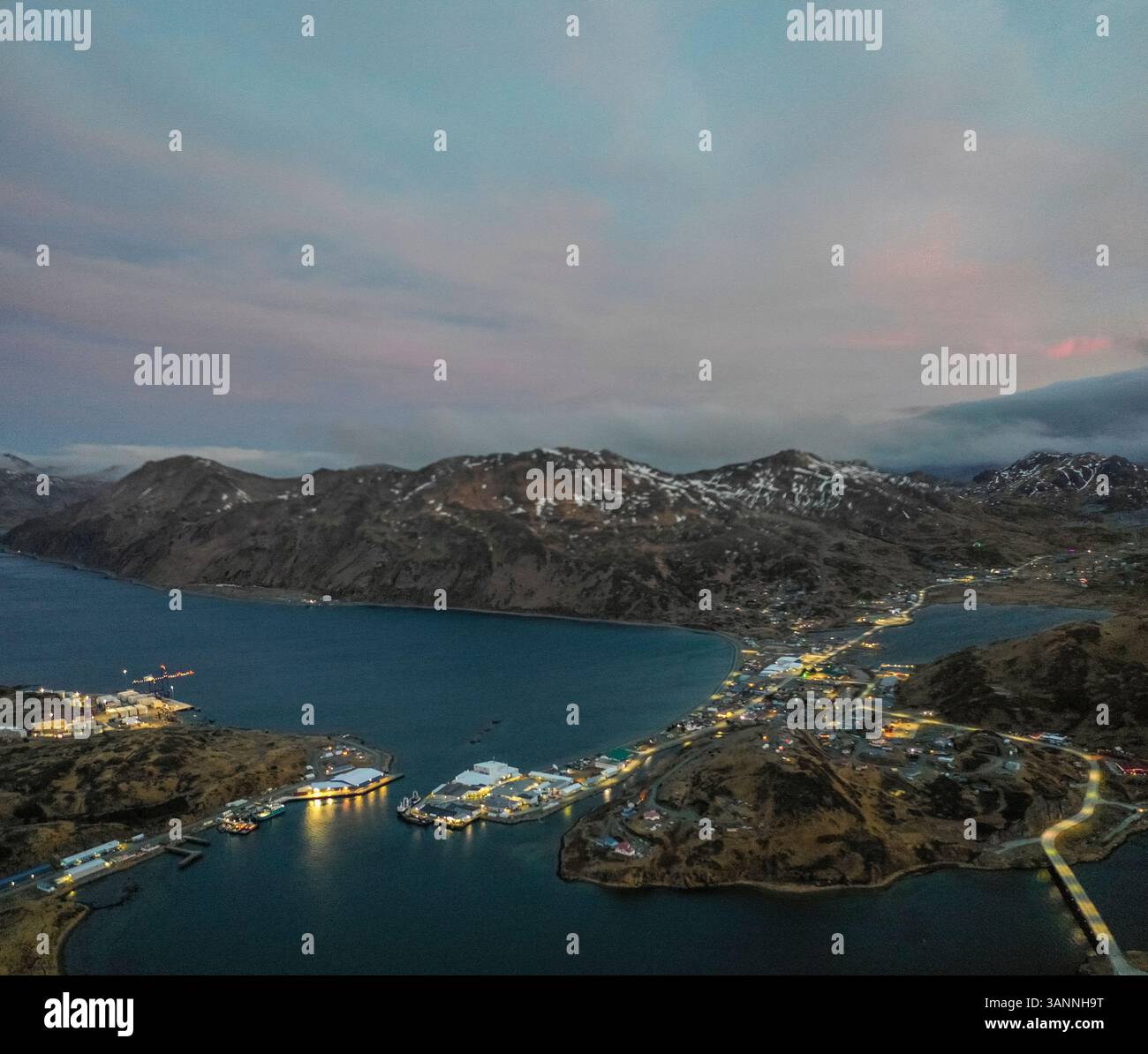 Aerial view of Dutch Harbour at sunset on Amaknak Island in Unalaska ...