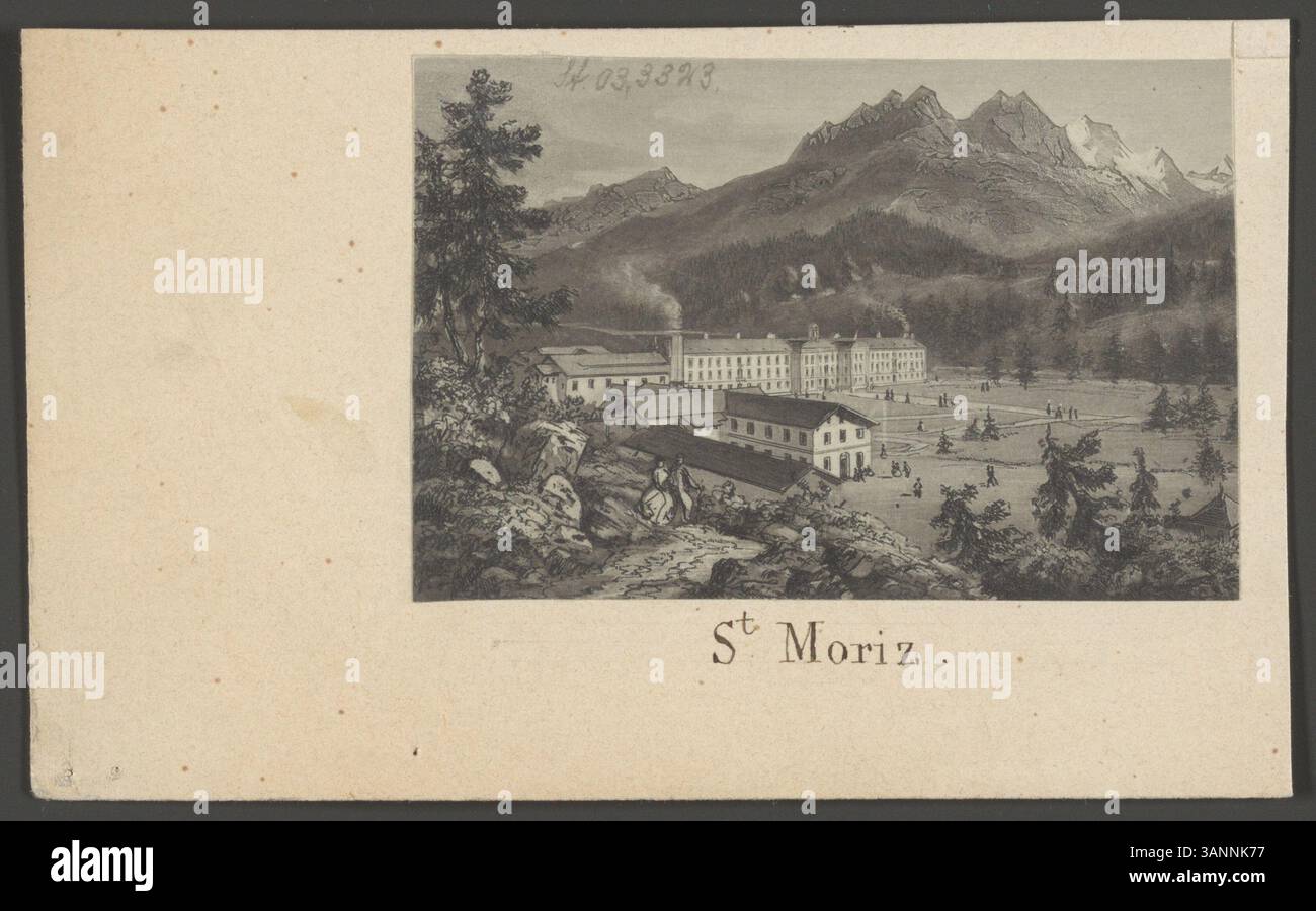This 19th-century aquatint and etching depicts St. Moritz, capturing ...
