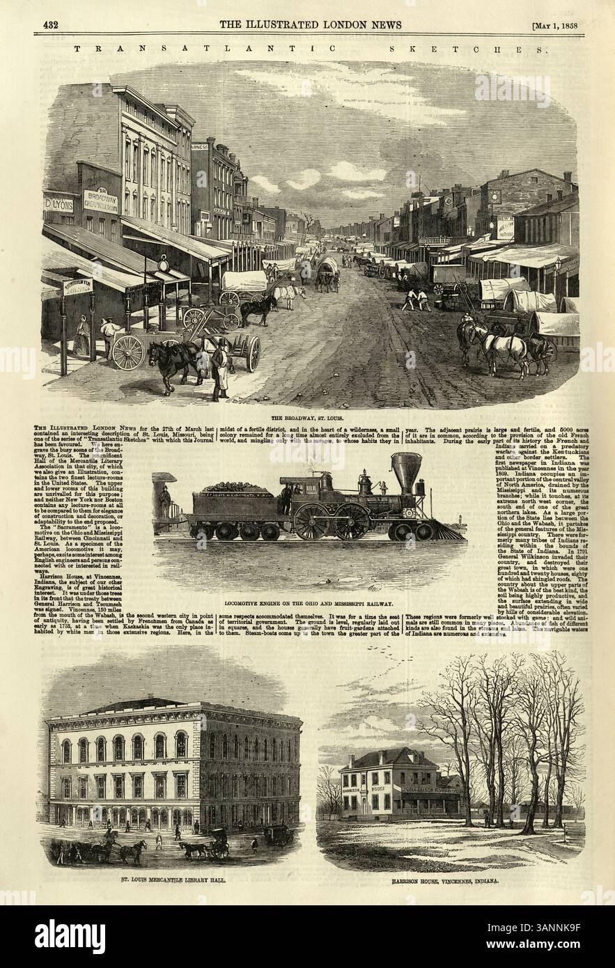 Vintage illustration Scenes from USA, America, 1850s, Broadway, St ...