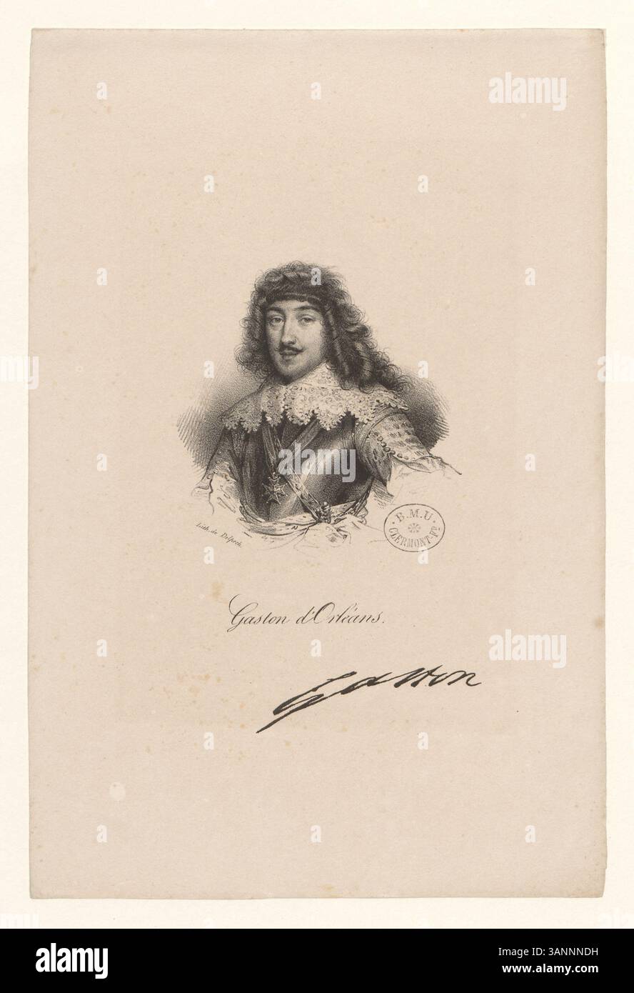 This lithograph print captures Gaston d'Orléans, Duke of Orléans, a ...