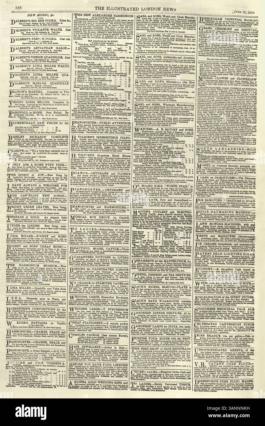 Old newspaper page, notices, adverts, New Music, 1850s, 19th Century ...