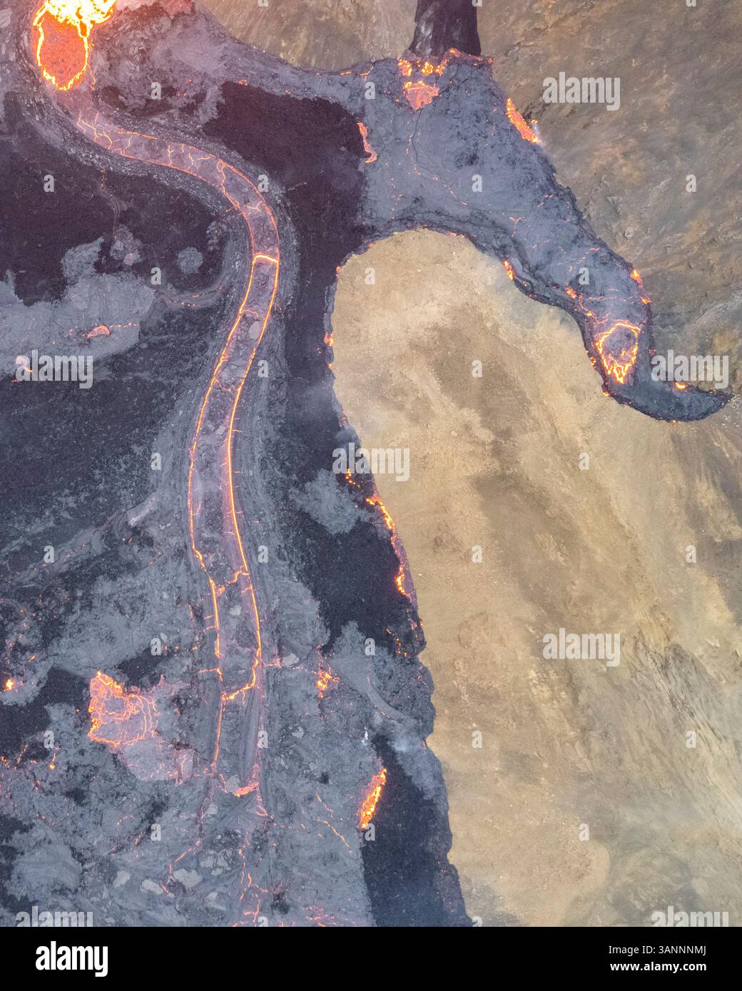 Aerial view of a lava stream flowing from Fagradalsfjall Volcano during ...
