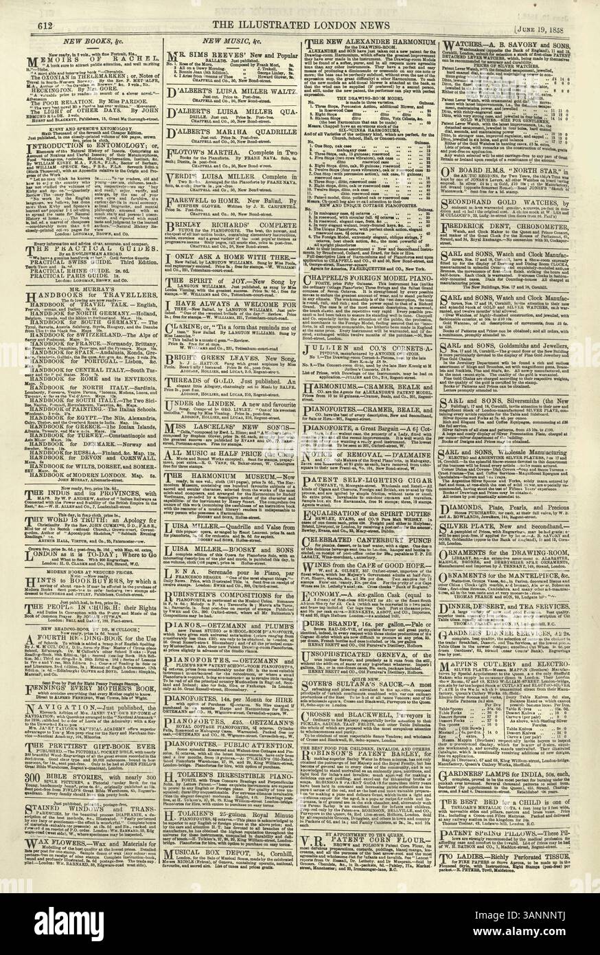 Old newspaper page, notices, adverts, New Books and Music, 1850s, 19th ...