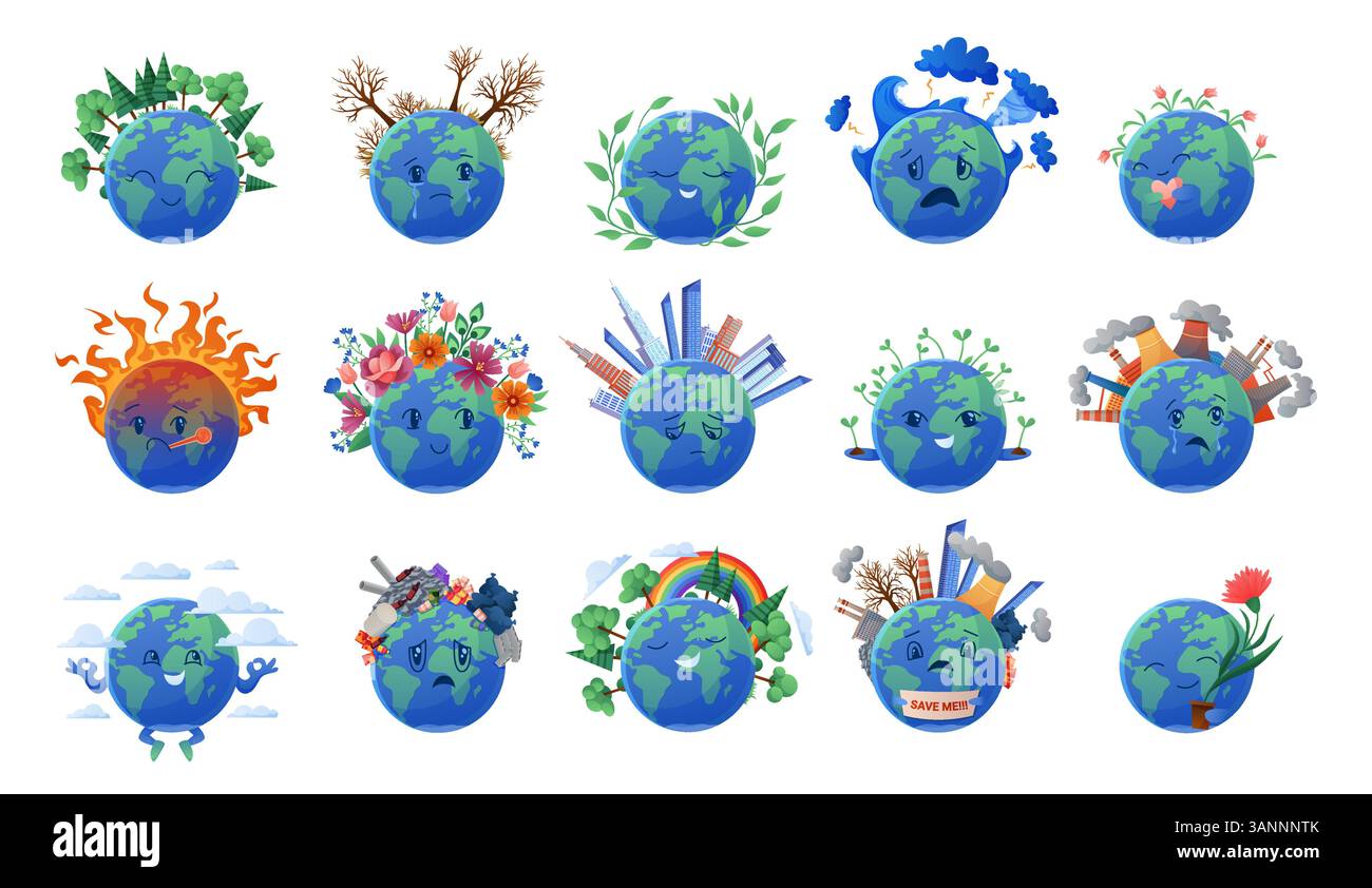 Happy and sad Earth planet characters set. Cute globes emoji with world ...