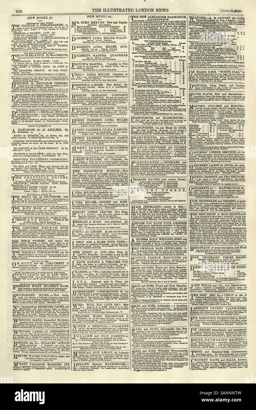 Old newspaper page, notices, adverts, New Books and Music, 1850s, 19th ...