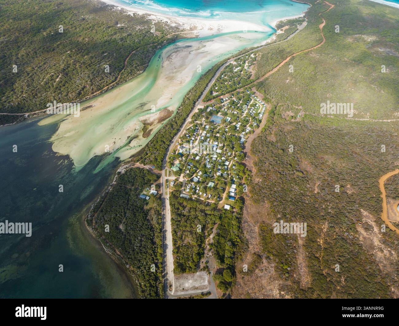 Aerial view of Devil Creek and Wellstead Estuary, Western Australia ...