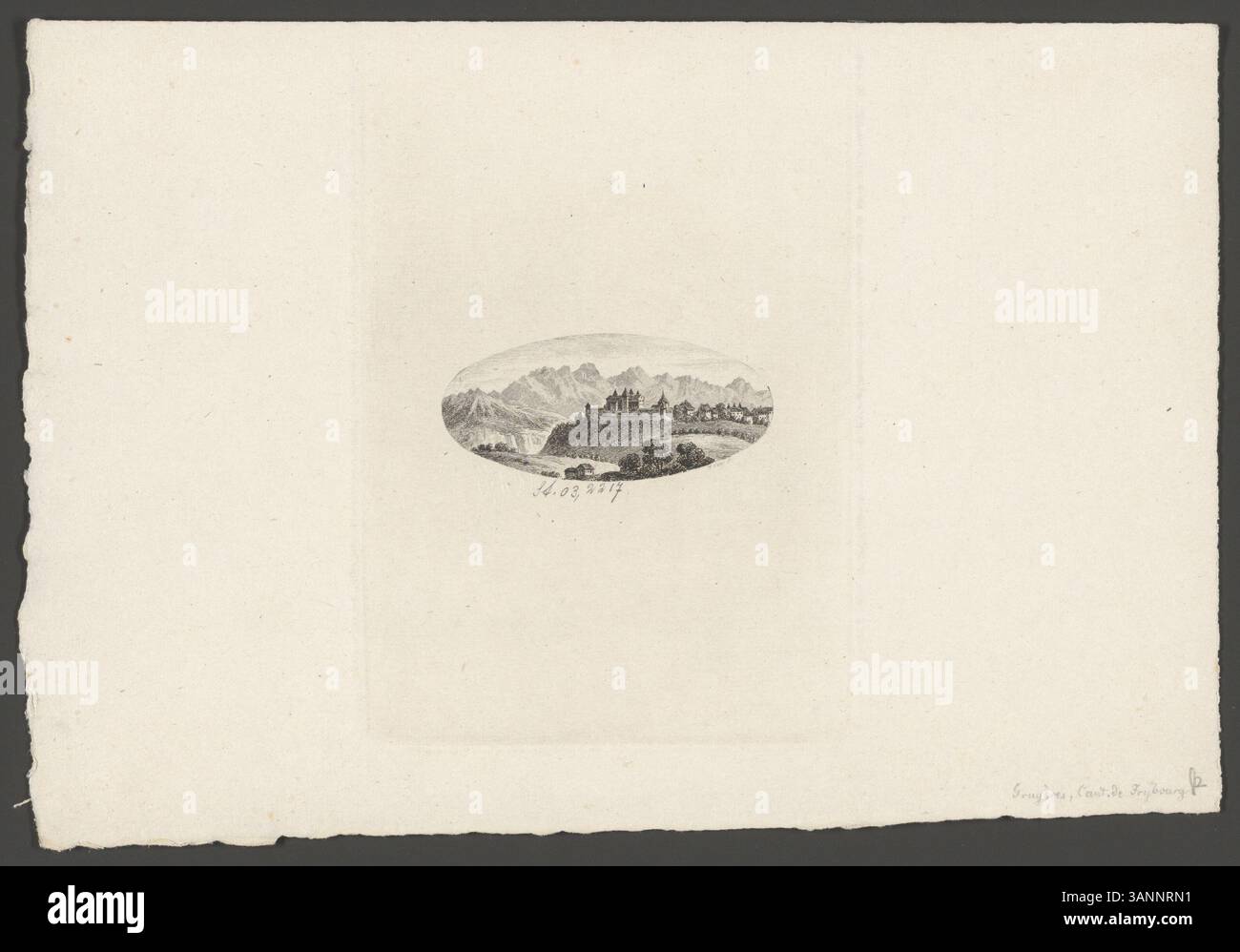 An etching print from 1824 by Franz Hegi, showcasing Schloss Greyerz ...