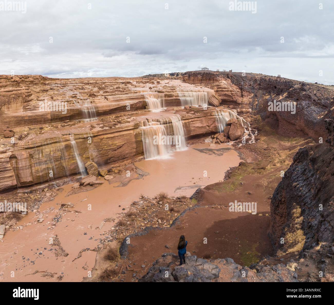 Aerial view of a person standing at Grand Falls and Little Colorado ...