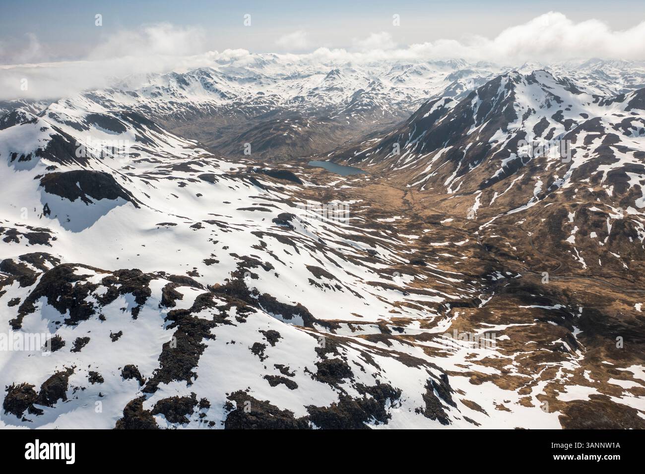Aerial view of a winter landscape on Unalaska island, Alaska, United ...