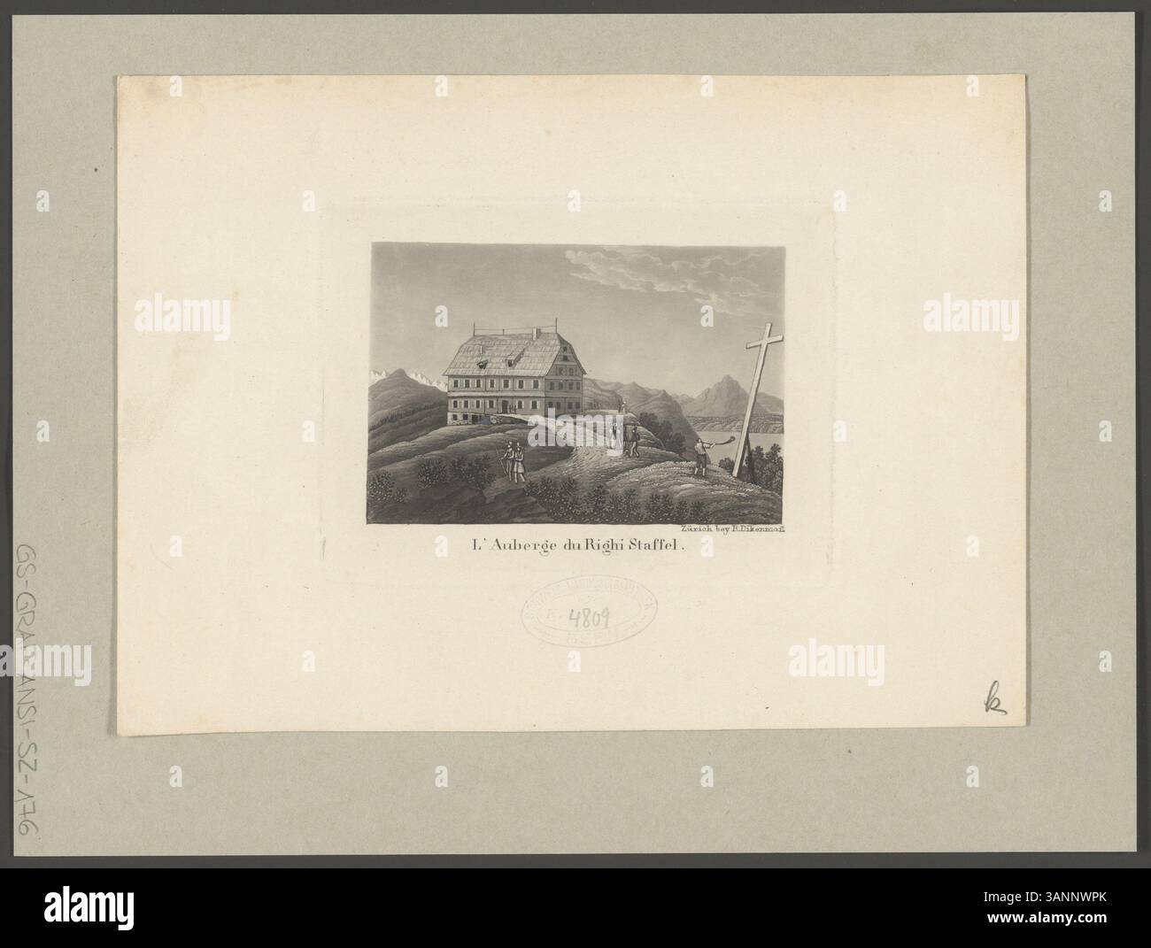 This aquatint print shows the Righi Staffel inn, located near Zurich ...