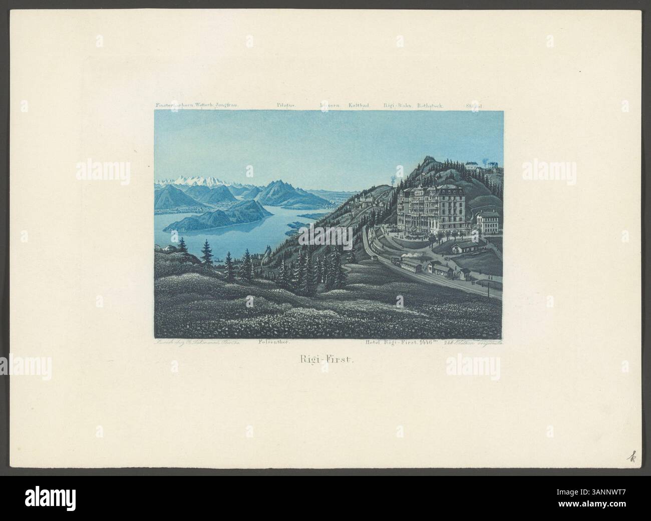 This print depicts the Rigi-First hotel and surrounding Swiss Alps ...