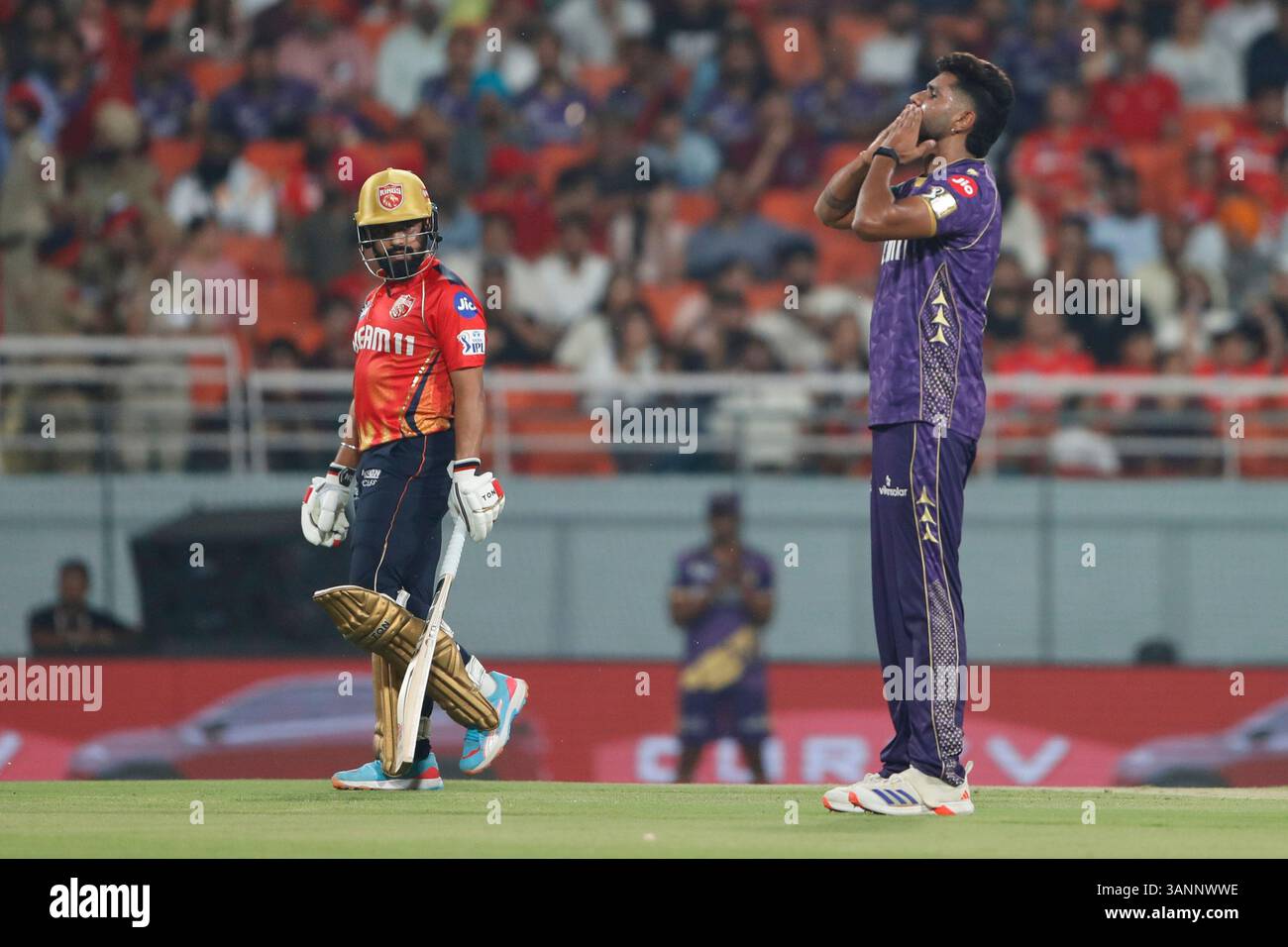 Kolkata Knight Riders' Harshit Rana, right, celebrates the dismissal of ...