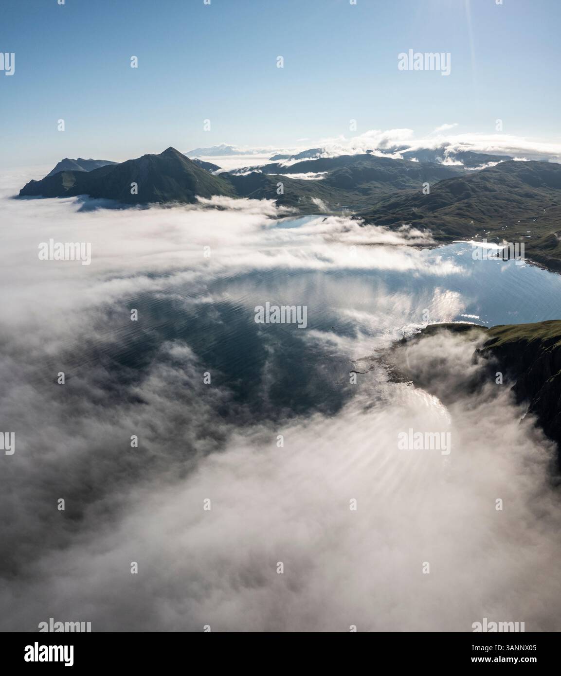 Aerial view of Summer Bay on Unalaska island, Alaska, United States ...