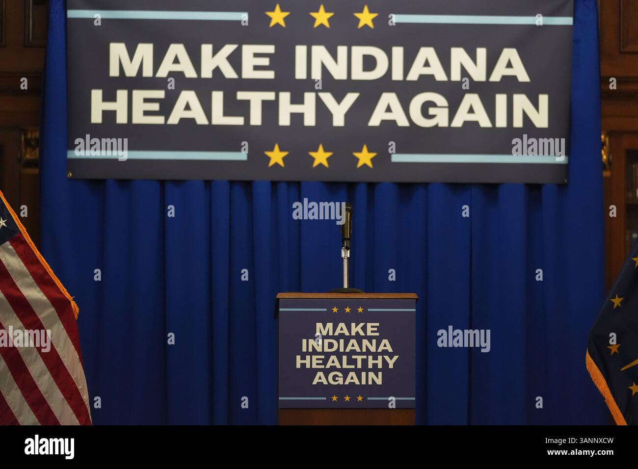 An empty podium is set up for the Make Indiana Healthy Again initiative ...