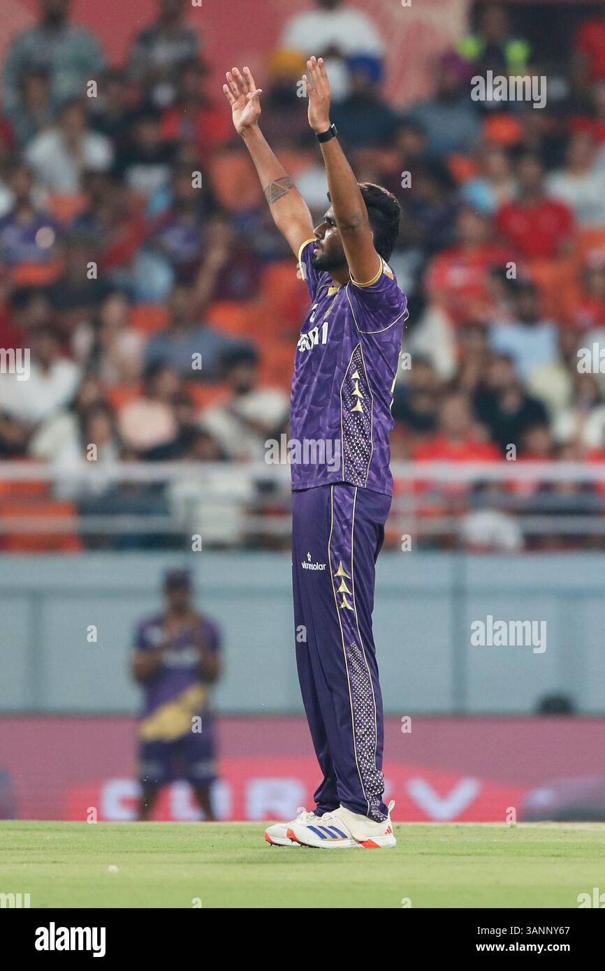 Kolkata Knight Riders' Harshit Rana celebrates the dismissal of Punjab ...