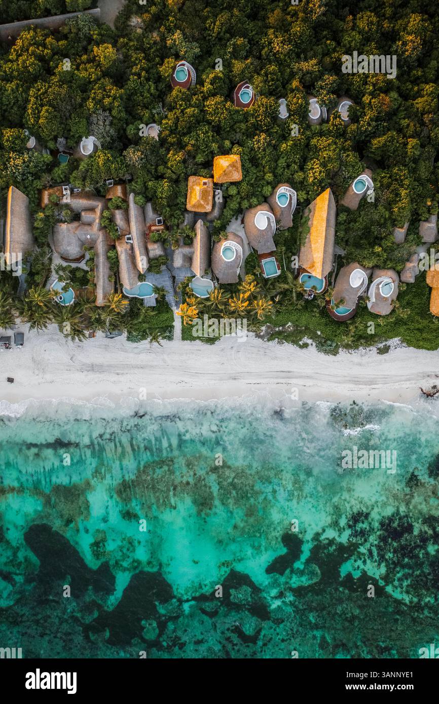 Aerial view of a luxury resort along the beach in Tulum, Mexico Stock ...