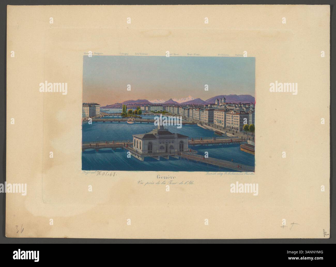 This print depicts Geneva from near the Tour de l'Île, featuring key ...