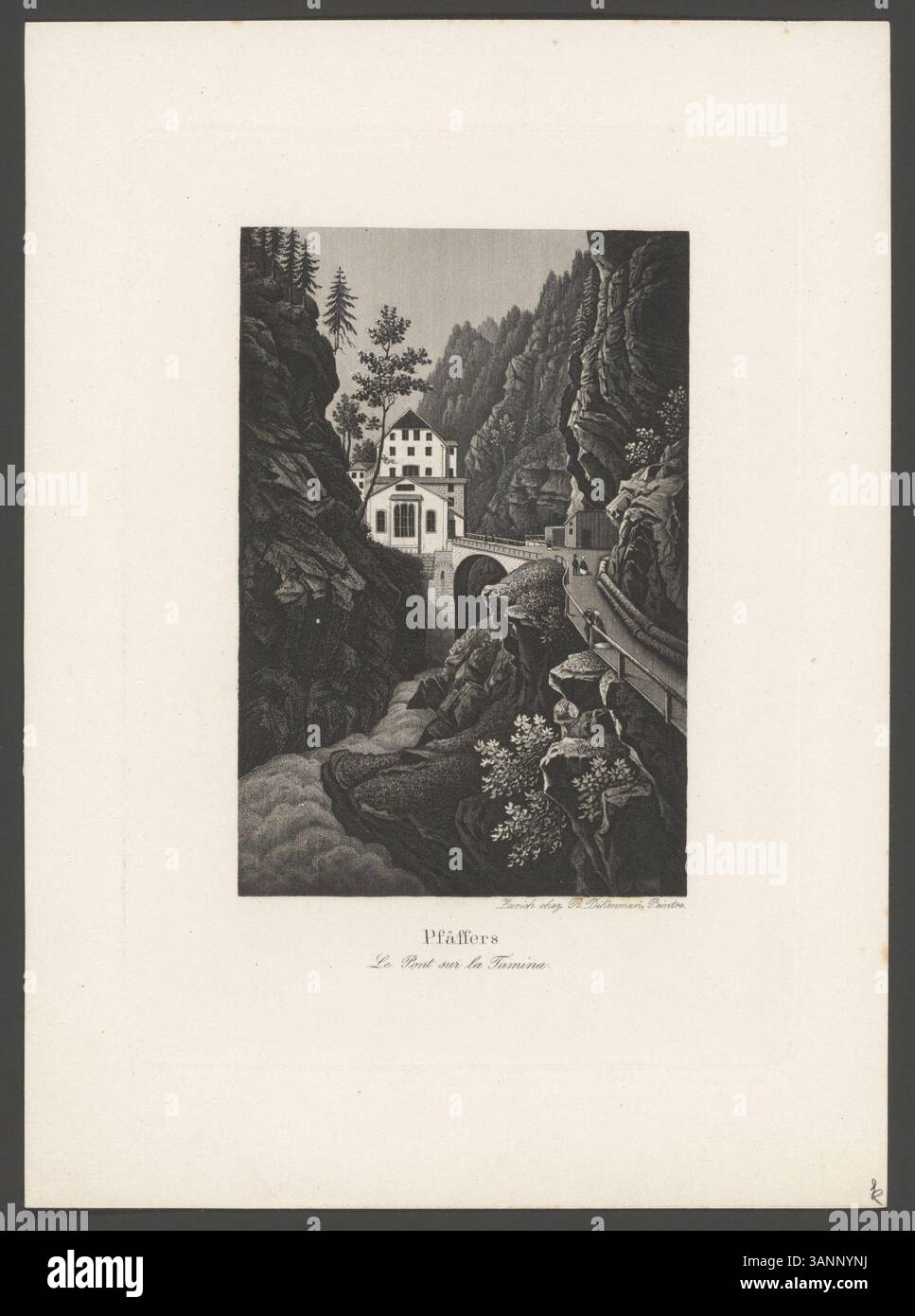 This 19th-century aquatint and etching print features a view of the ...