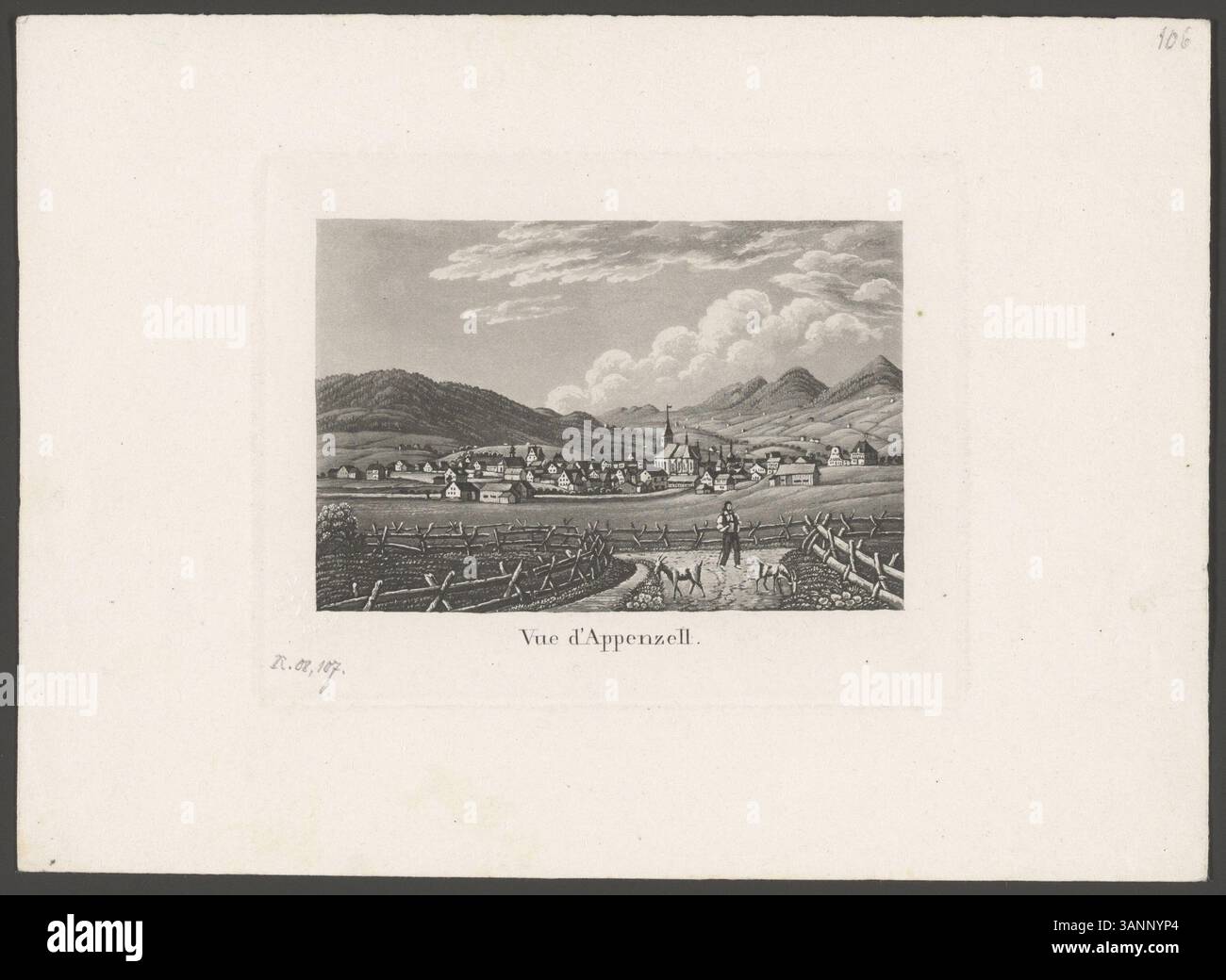 This aquatint print from around 1840, titled 'Vue d'Appenzell,' offers a scenic view of the town ...