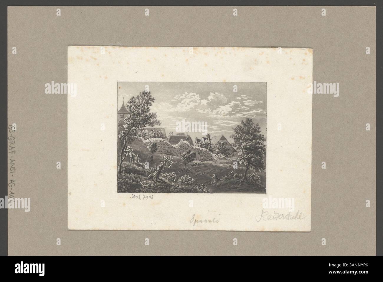 A 19th-century aquatint print by Johann Jakob Sperli, depicting the ruins of the Escher Hof in ...