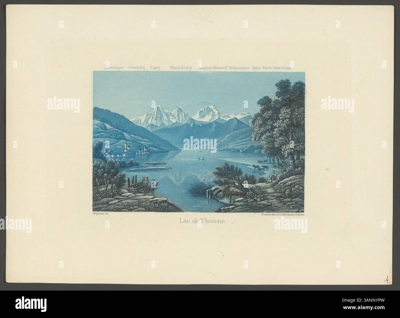 This print from the 1850s to 1856 portrays the Lac de Thoune and the ...