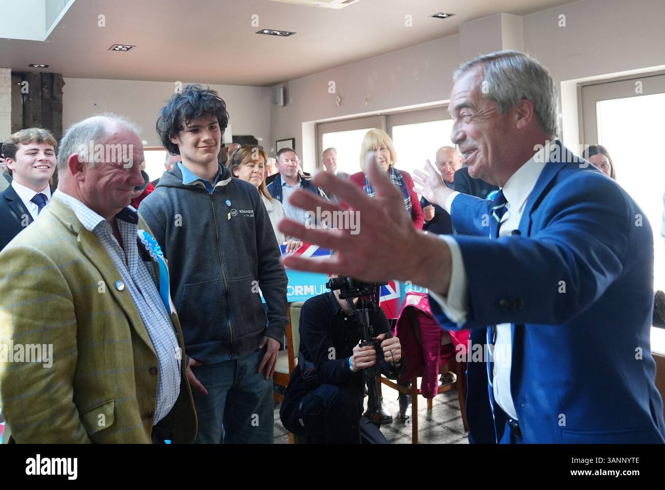 Reform UK leader Nigel Farage speaking at The Waterford Lodge, Morpeth ...