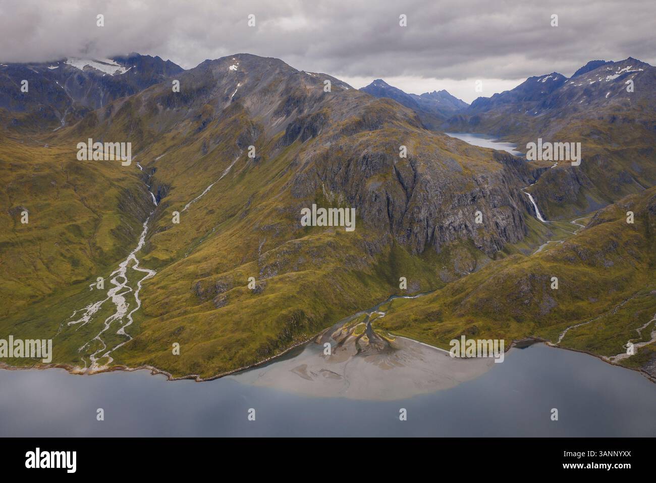 Aerial view of the coastline near Anderson Bay, Unalaska, Alaska ...