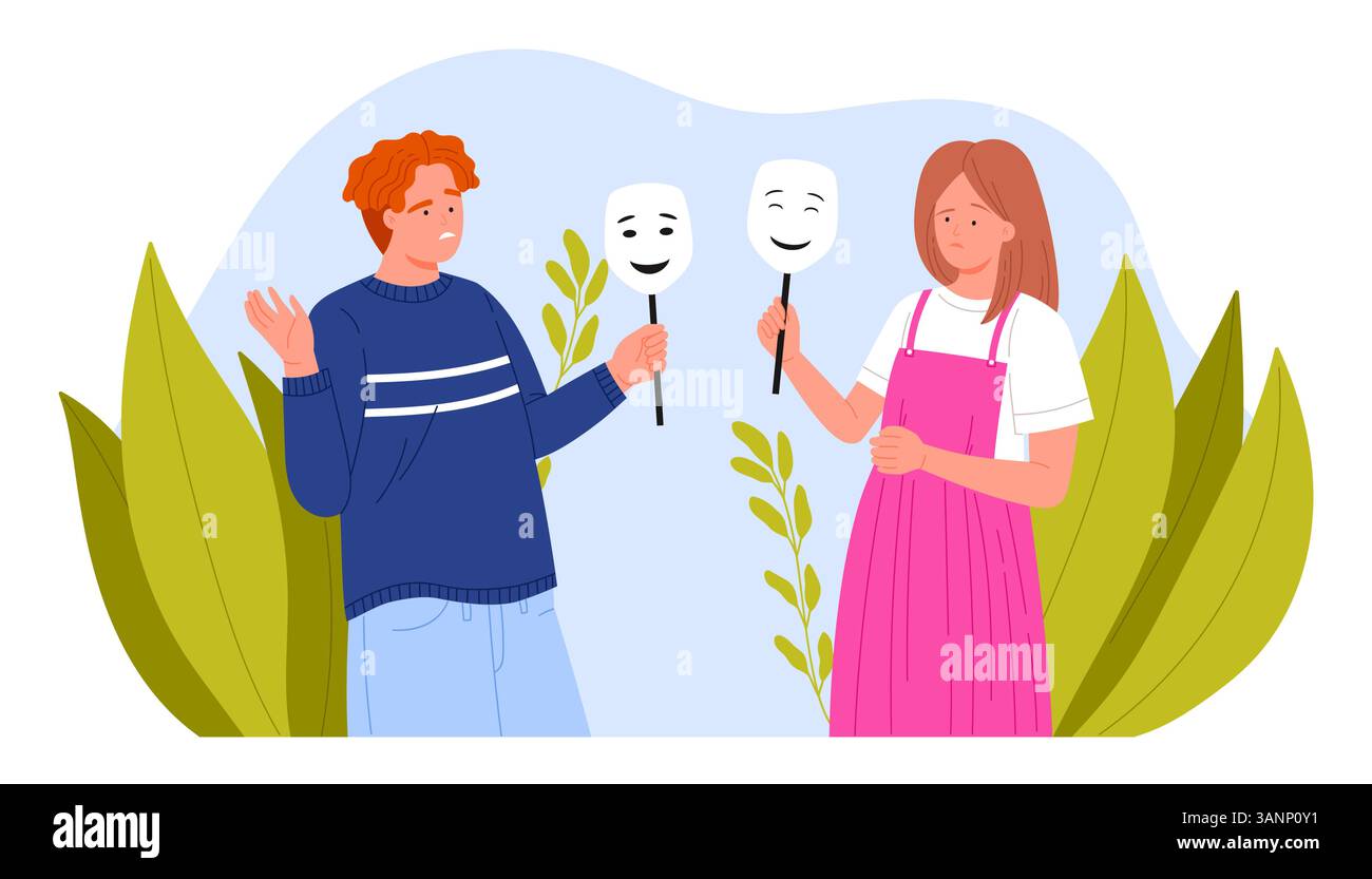 A man and a woman hold masks that represent the contrasting feelings of ...