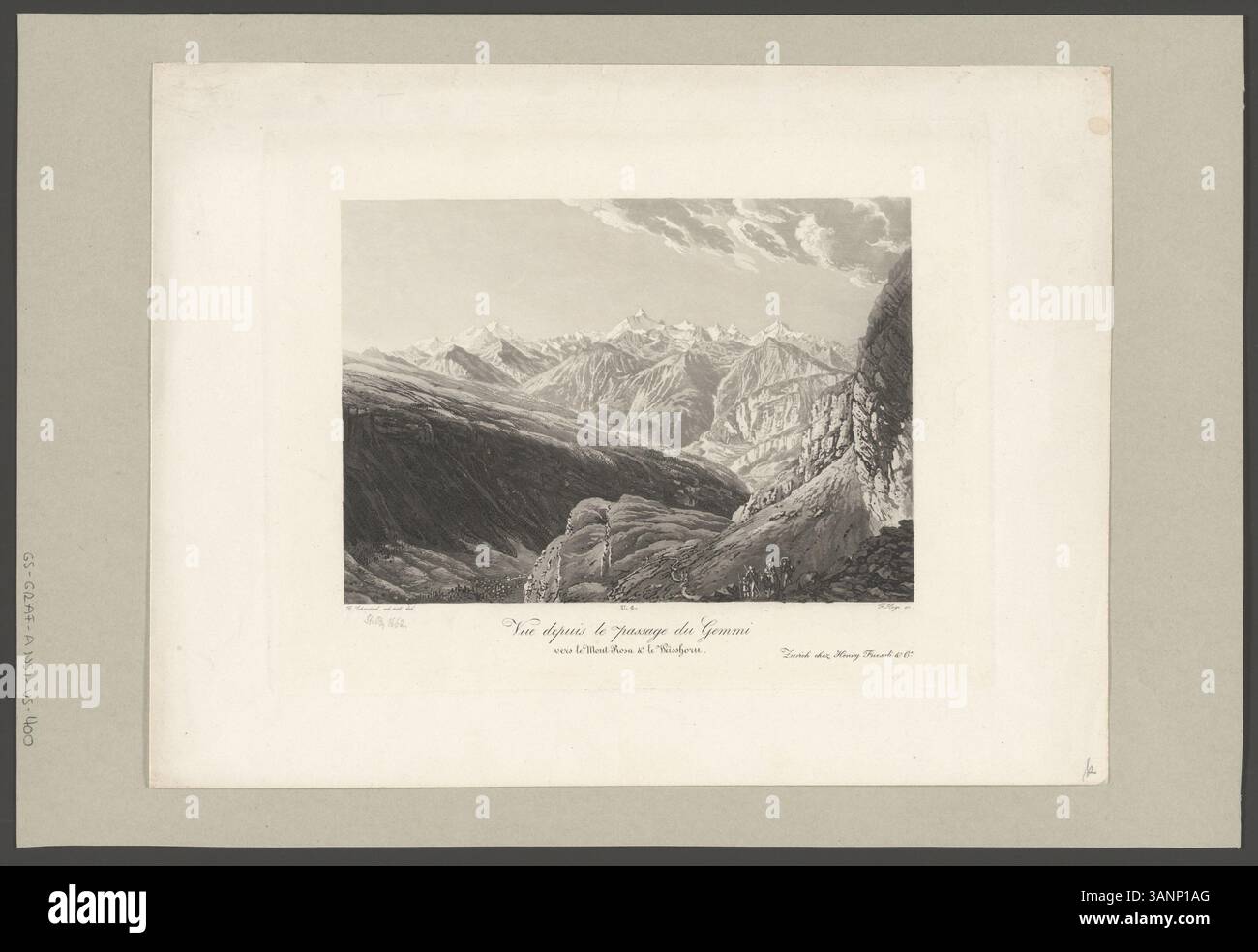 This aquatint print from the 1830s depicts a view from the Gemmi Pass, showcasing the Mont-Rosa ...