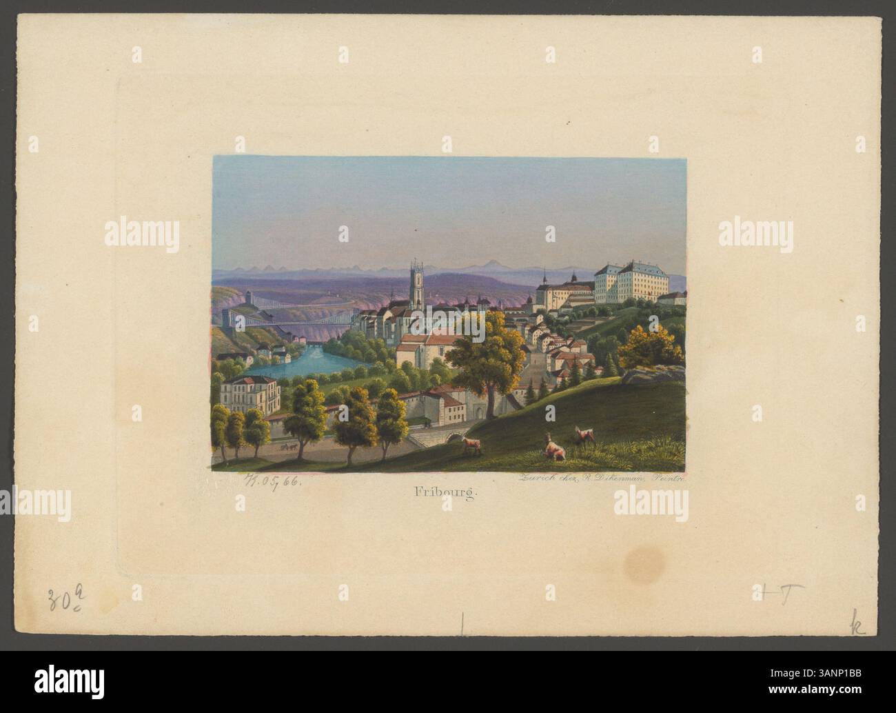 This print after 1840 by Johann Rudolf Dikenmann features a landscape view of Fribourg ...