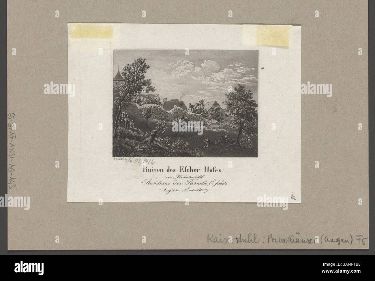 This 19th-century aquatint print by Johann Jakob Sperli depicts the ruins of the Escherhof ...