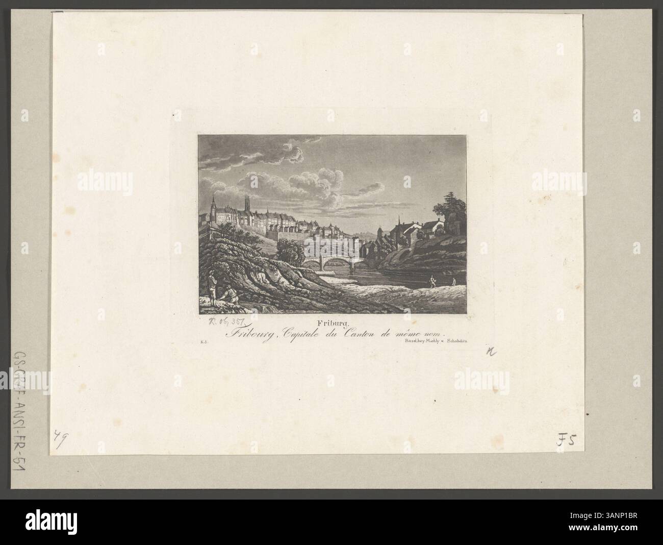 A print from the 1830s depicting the city of Fribourg, Switzerland ...