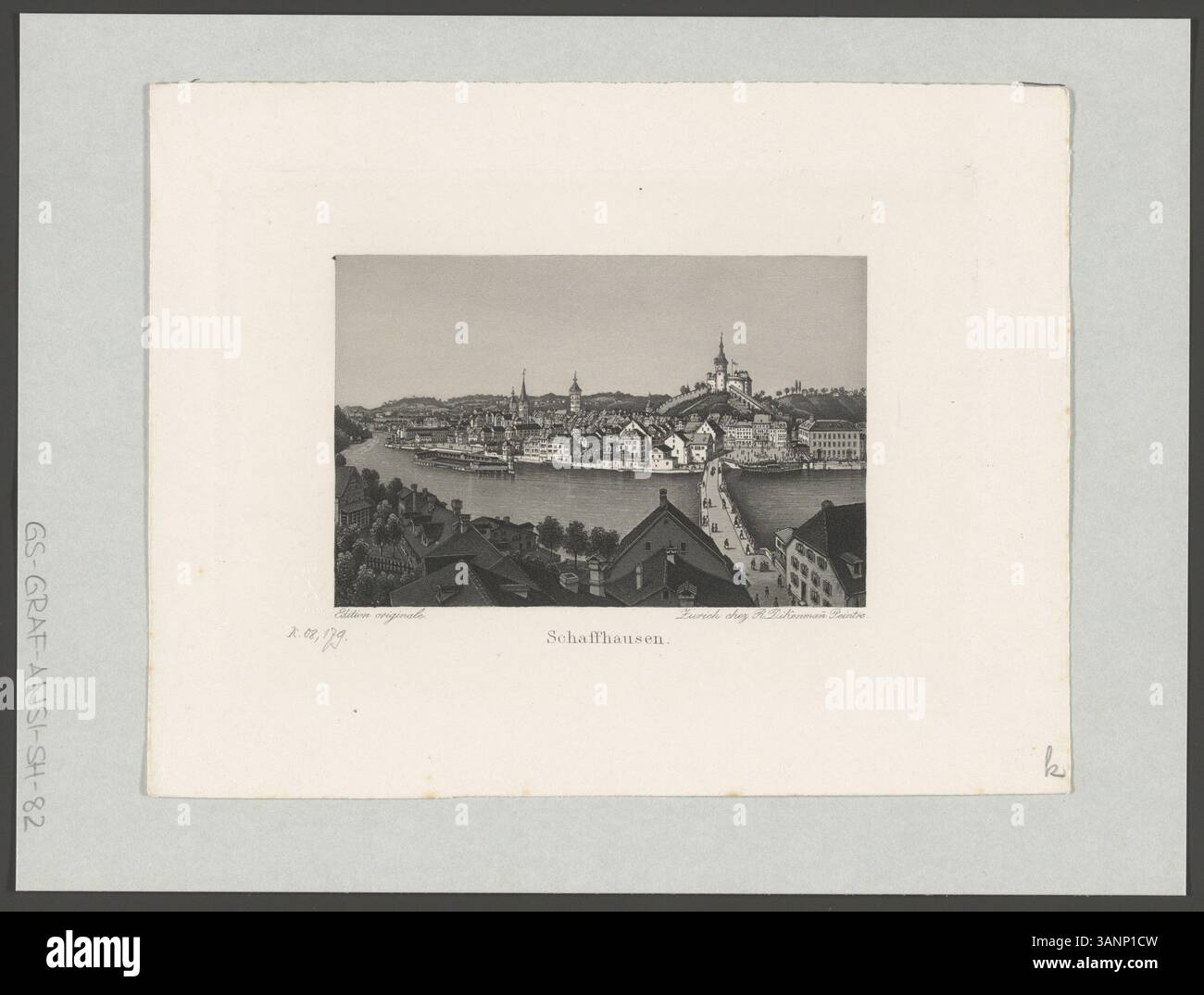 This etching and aquatint print depicts Schaffhausen, Switzerland. The image shows the town's ...