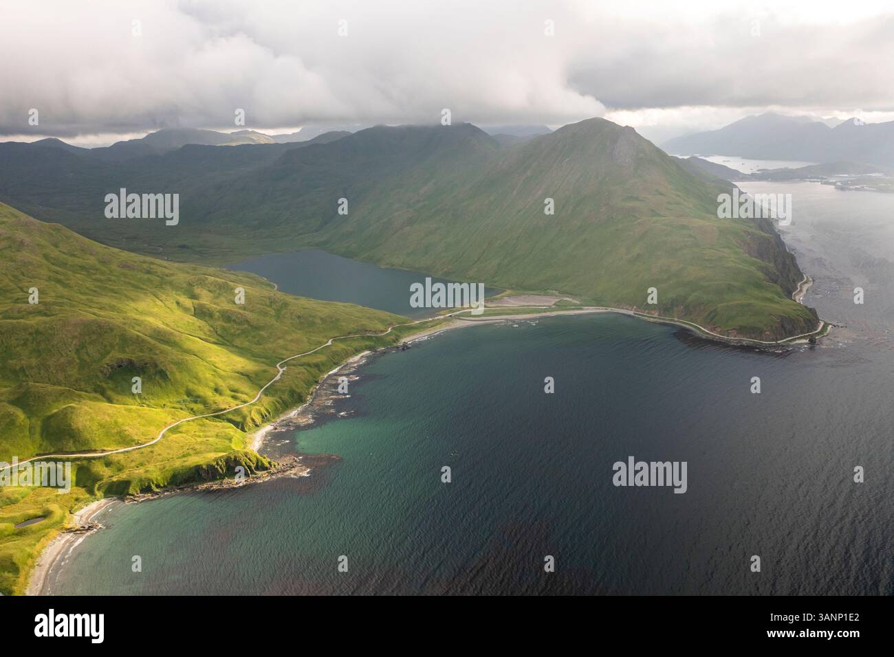 Aerial view of Summer Bay, Unalaska island, Alaska, United States Stock ...