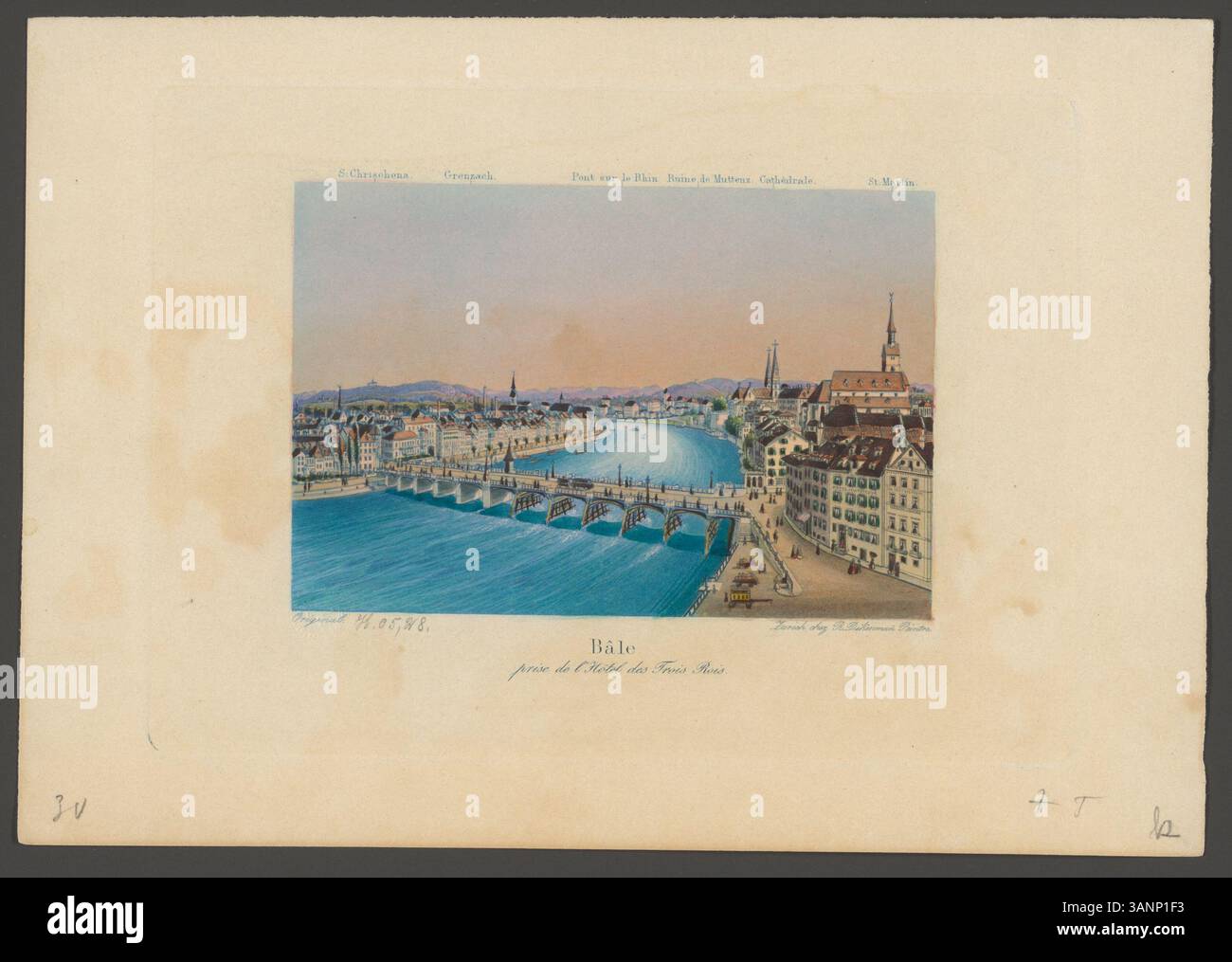 This 19th-century etching and aquatint print depicts a view of Basel from the Hôtel des Trois ...