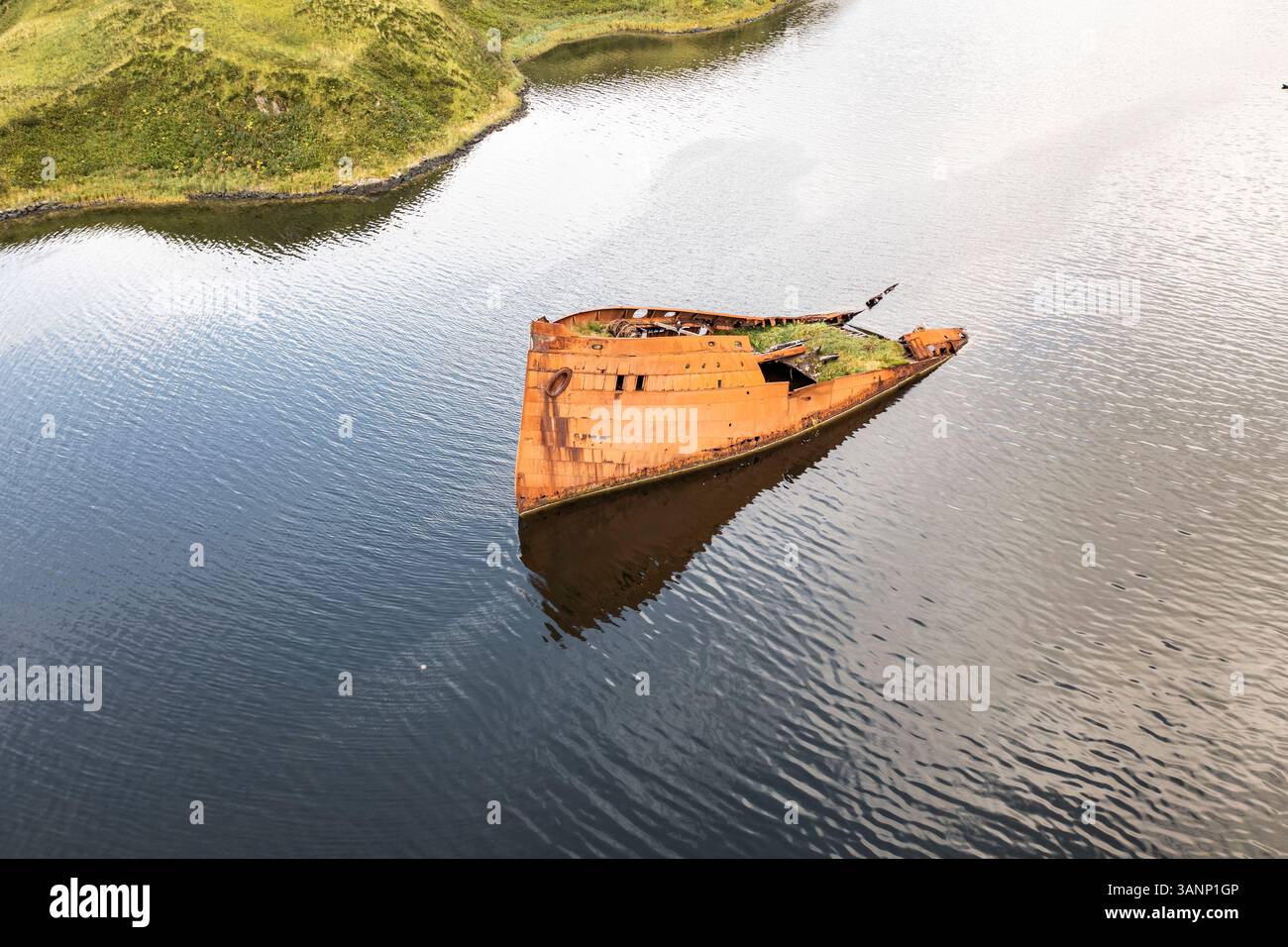 Aerial view of a shipwreck in Captain Bay in Unalaska, Alaska, United ...