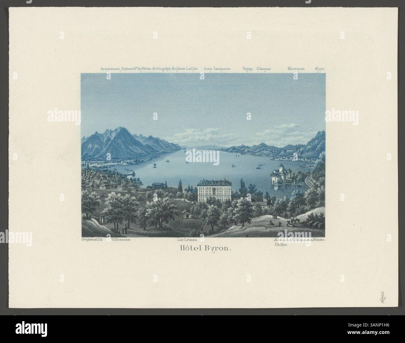 A print from around 1880 depicting several Swiss landscapes, including ...