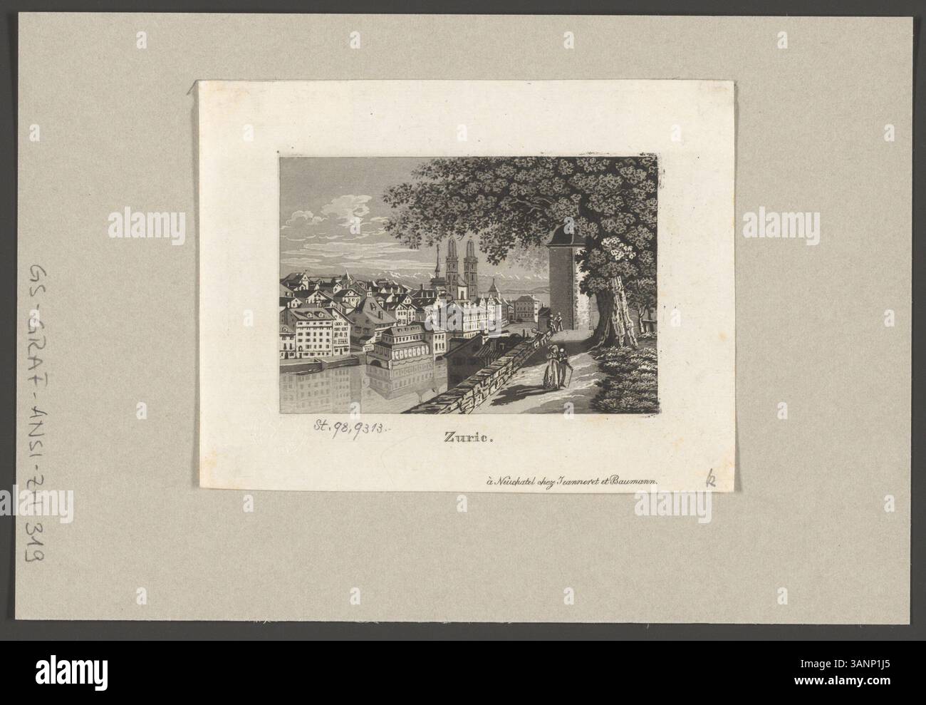 This aquatint print, produced between 1824 and 1866, depicts Zurich and ...
