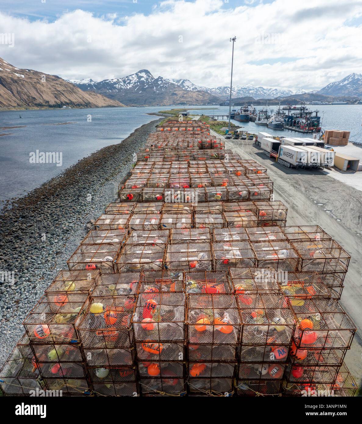 Alaska, USA - 14 May 2020: Aerial view of fishing tools and nets at the ...