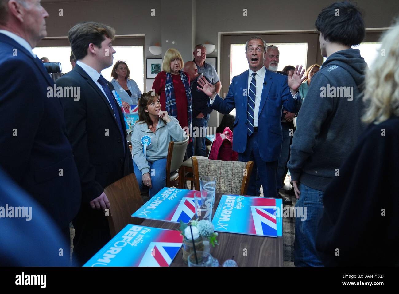 Reform UK leader Nigel Farage speaking at The Waterford Lodge, Morpeth ...