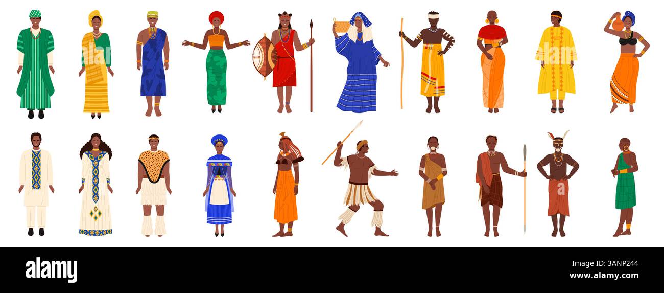 African people in traditional tribal costumes infographic set. Ethnic ...