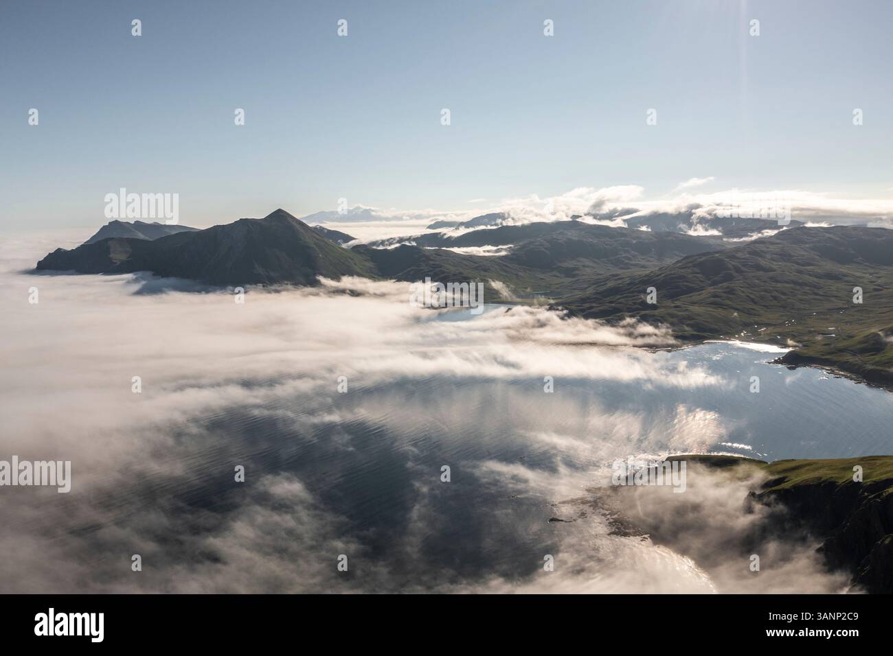 Aerial view of Summer Bay on Unalaska island, Alaska, United States ...