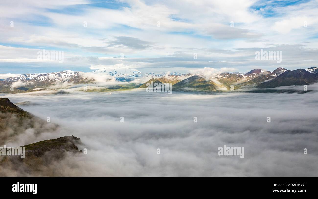 Aerial view of Unalaska Bay with fog on Unalaska island, Alaska, United ...