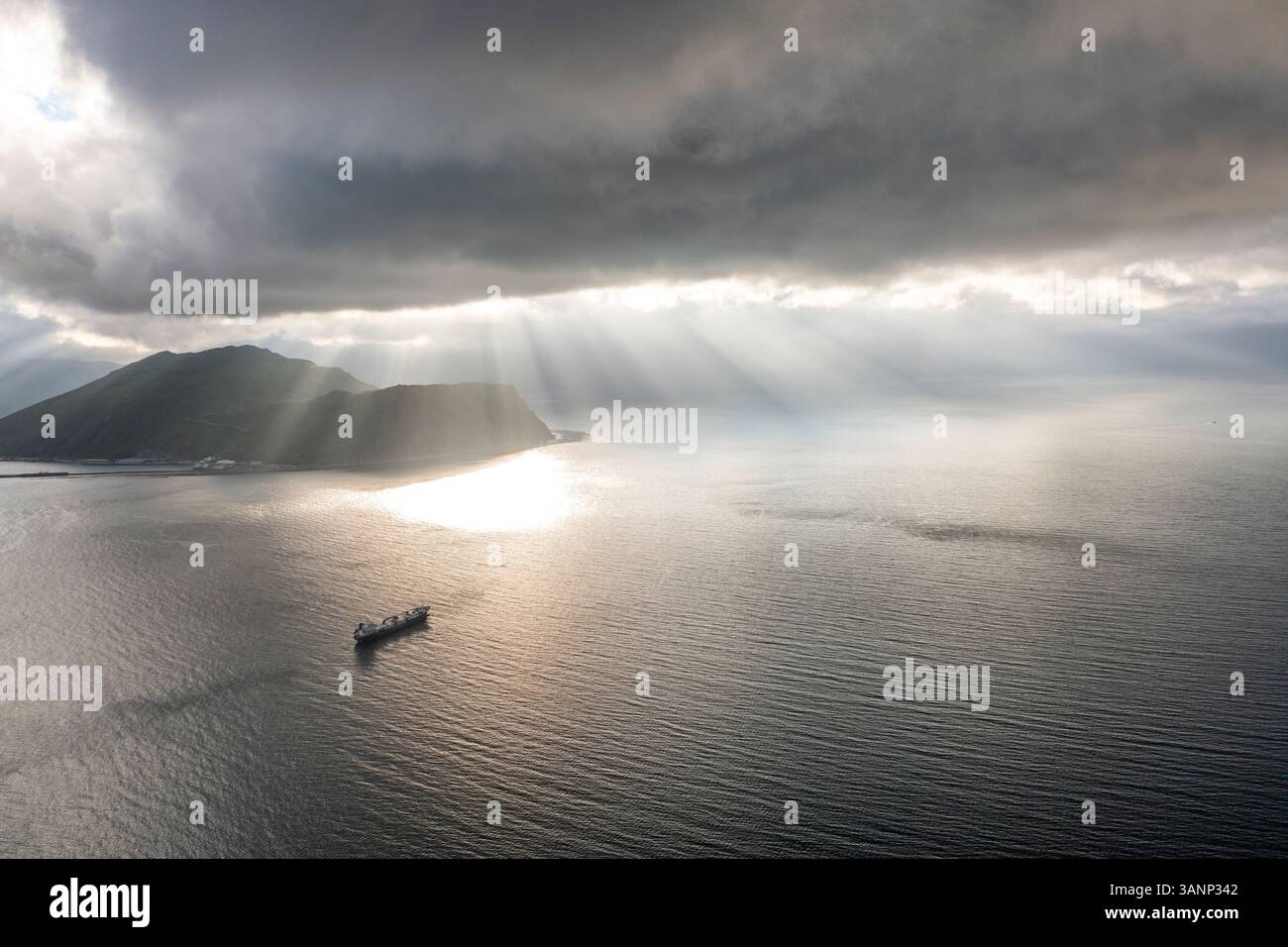 Aerial view of boats sailing the Summer Bay, Unalaska island, Alaska ...