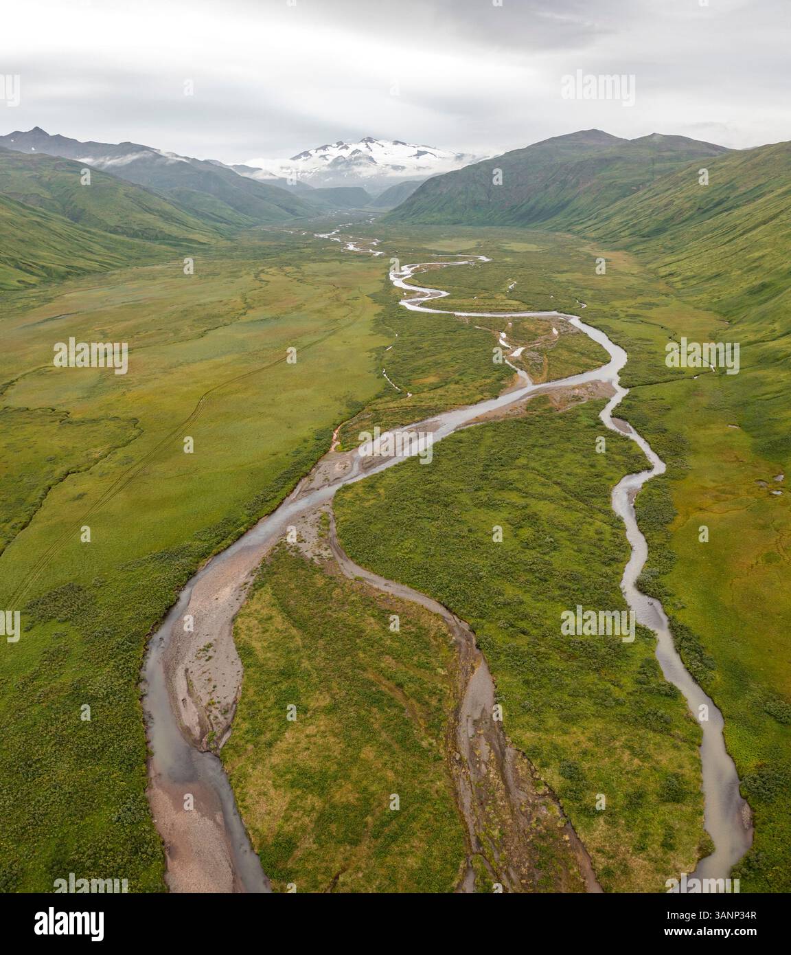 Aerial view of a river streaming from the glacier, Broad Bay, Unalaska ...